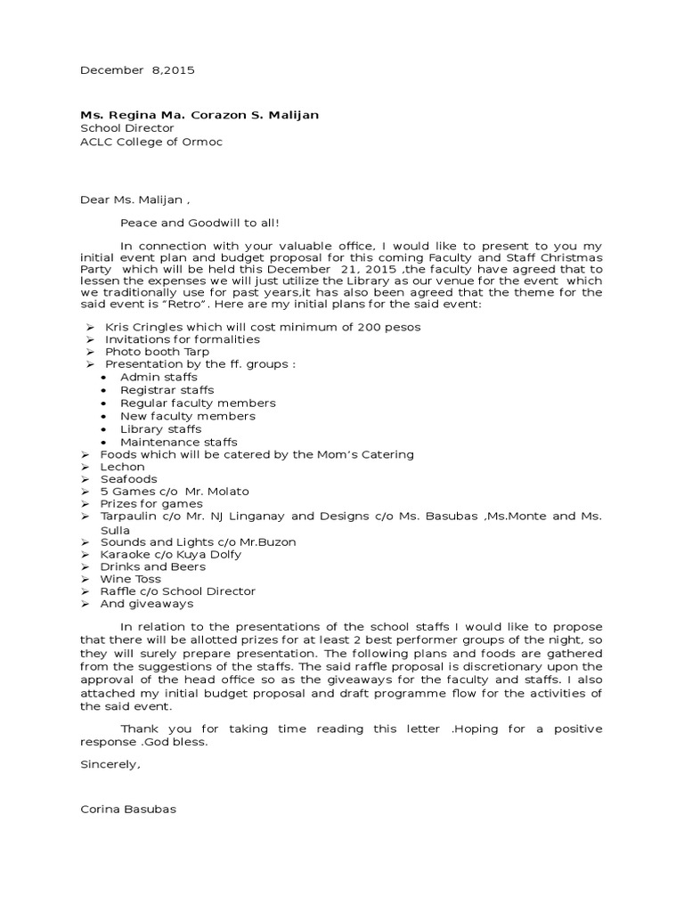 Proposal To A Party, Christmas Part Proposal | PDF | Food And Drink ...