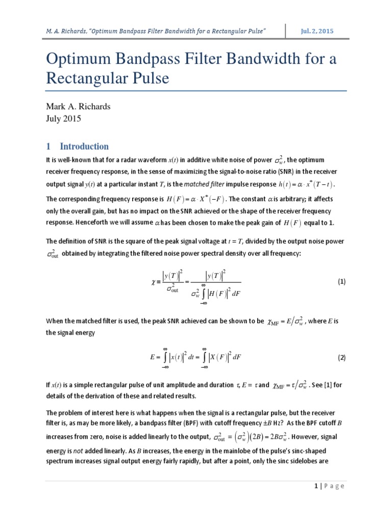 Optimum BPF Bandwidth For A Rectangular Pulse | PDF | Signal To Noise Ratio | Bandwidth (Signal ...
