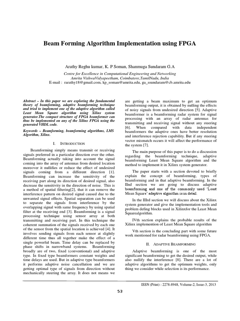 Beam Forming Algorithm Implementation Using Fpga Pdf Applied