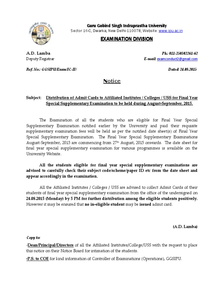 Final Year Exam Admit Card Notice | PDF | Career & Growth
