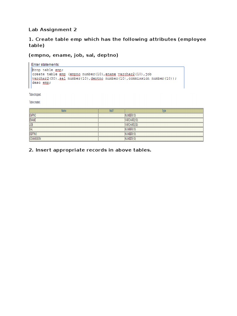 Lab Assignment 2 1. Create Table Emp Which Has The Following Attributes ...