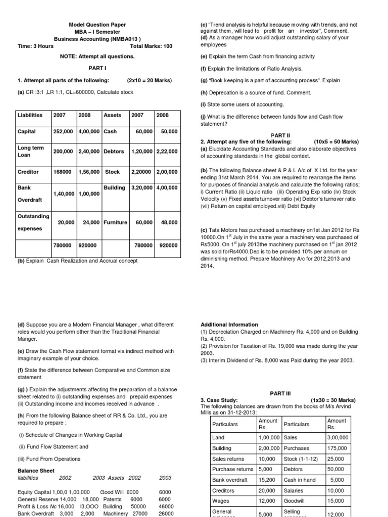 Business Accounting Question Paper | PDF | Balance Sheet | Cash Flow ...