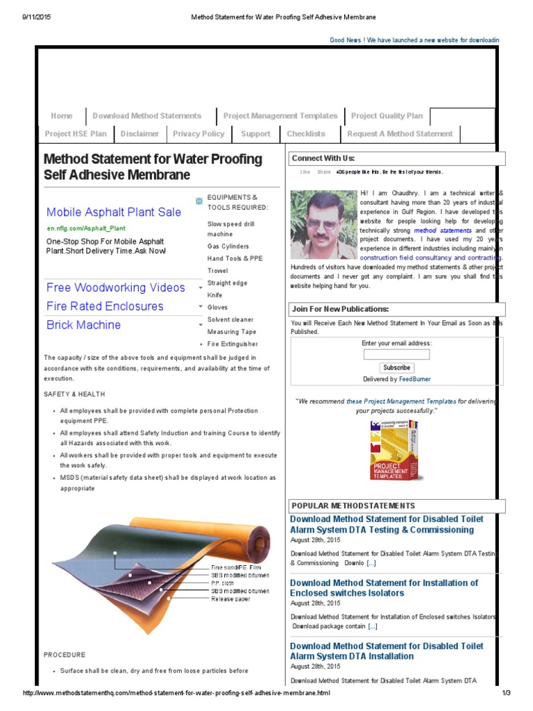 Method Statement For Water Proofing Self Adhesive Membrane Pdf Pdf
