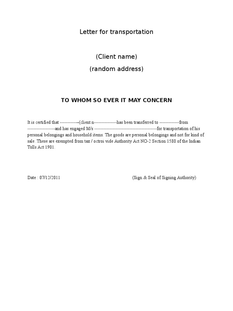 Letter For Transportation: To Whom So Ever It May Concern | PDF