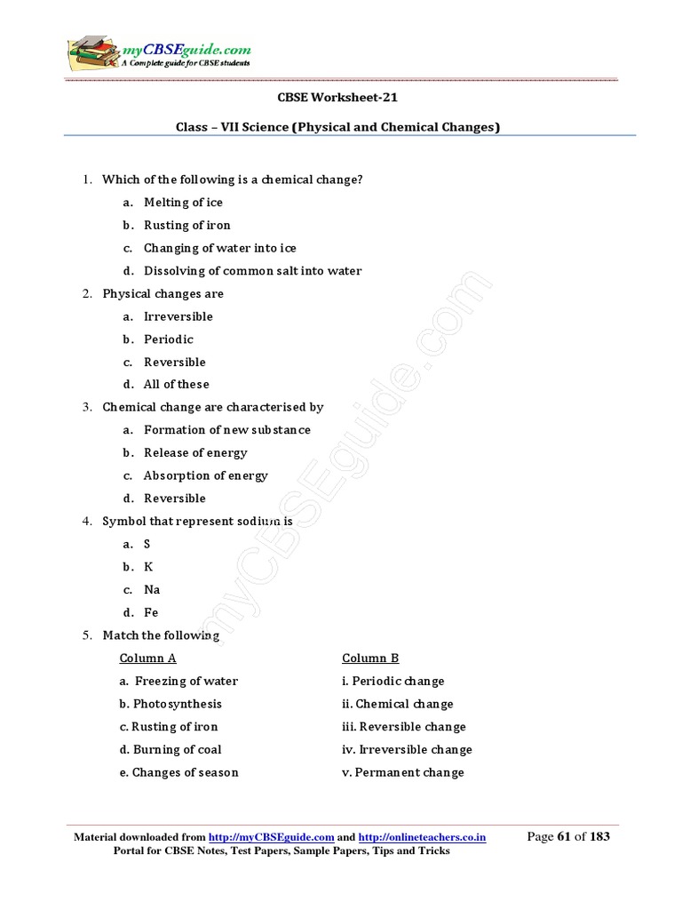 Physical And Chemical Reactions Worksheet Physical And Chemical