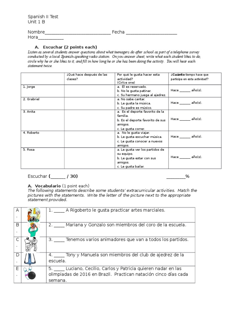 Examen de Español II: Unidad 1B | PDF | Ocio | Deportes