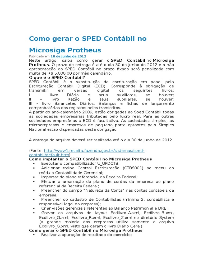 Como Gerar o SPED Contábil No Microsiga Protheus | PDF | Escrituração ...