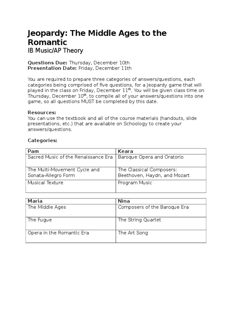 Jeopardy Game: Music History Categories | PDF