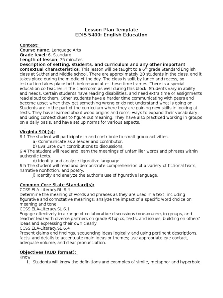 6th Grade Figurative Language Lesson Plan | PDF | Metaphor | Conversation