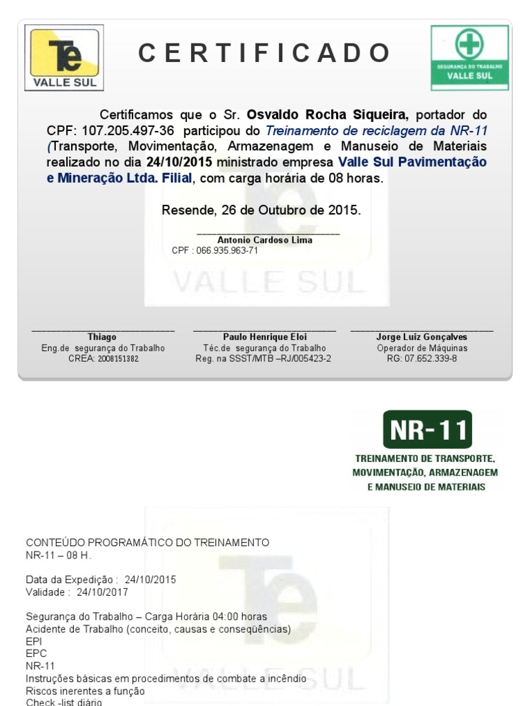 Certificado NR 11 | PDF