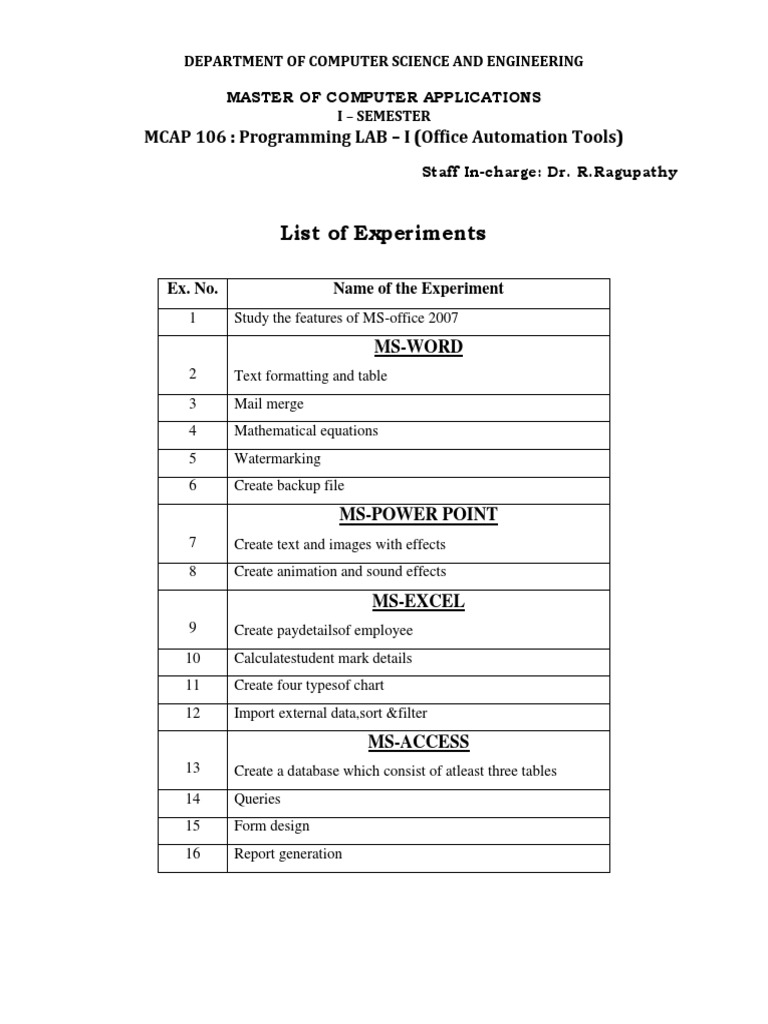 MCA-I SEM - MCA1610-Prog Lab-I-Office Automation Tools-Lab Manual PDF ... MCA-I SEM - MCA1610-Prog Lab-I-Office Automation Tools-Lab Manual PDF ...