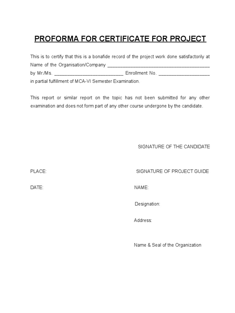 Project Certificate Proforma Template | PDF