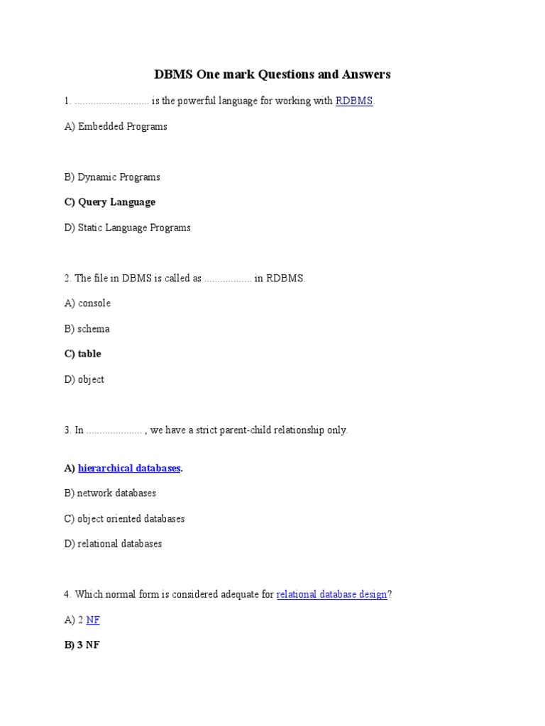 DBMS One Mark Questions-New | PDF | Database Transaction | Databases