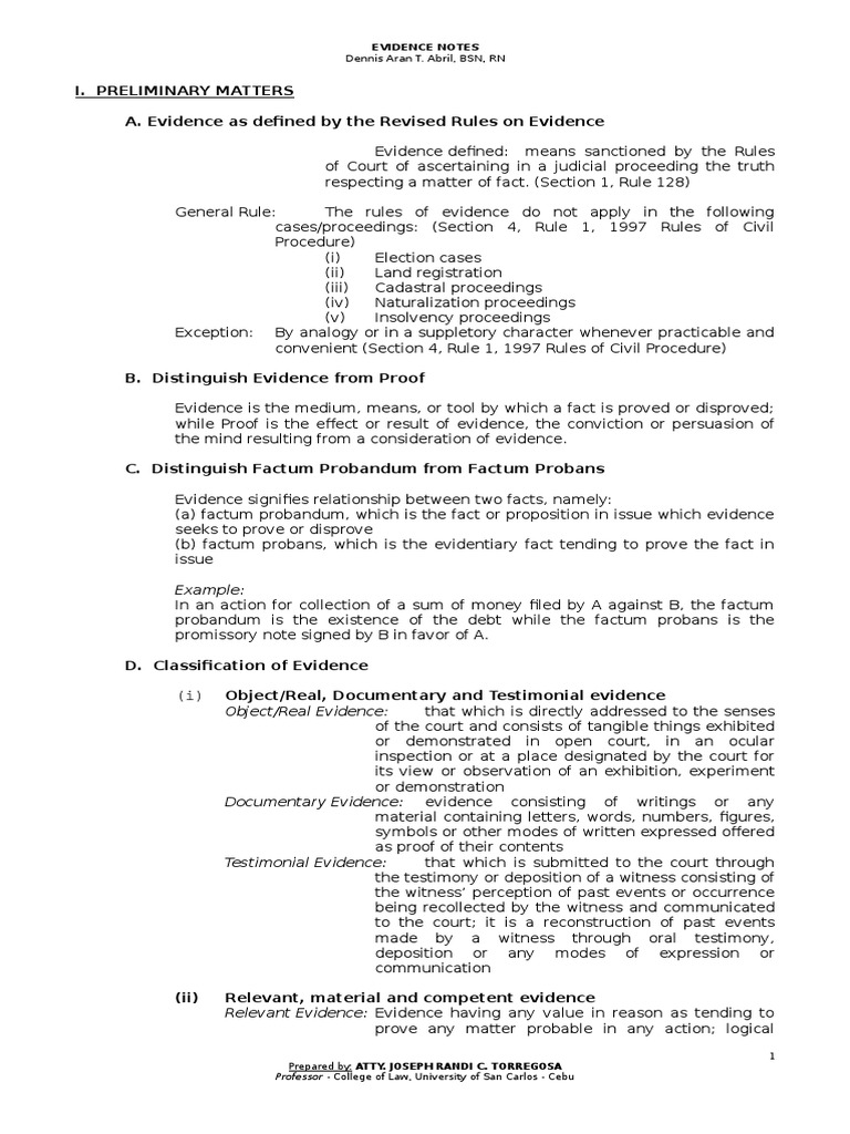 Evidence Outline | Hearsay | Evidence (Law)