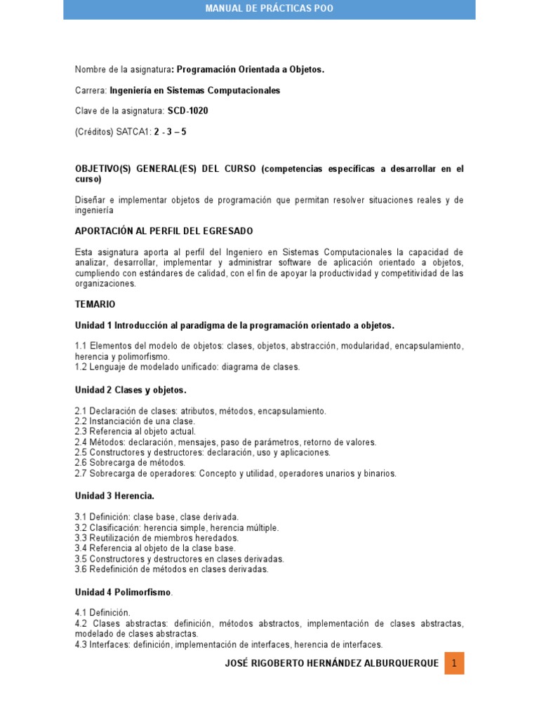 Manual de Prácticas POO | PDF | Objeto (informática) | Herencia ...