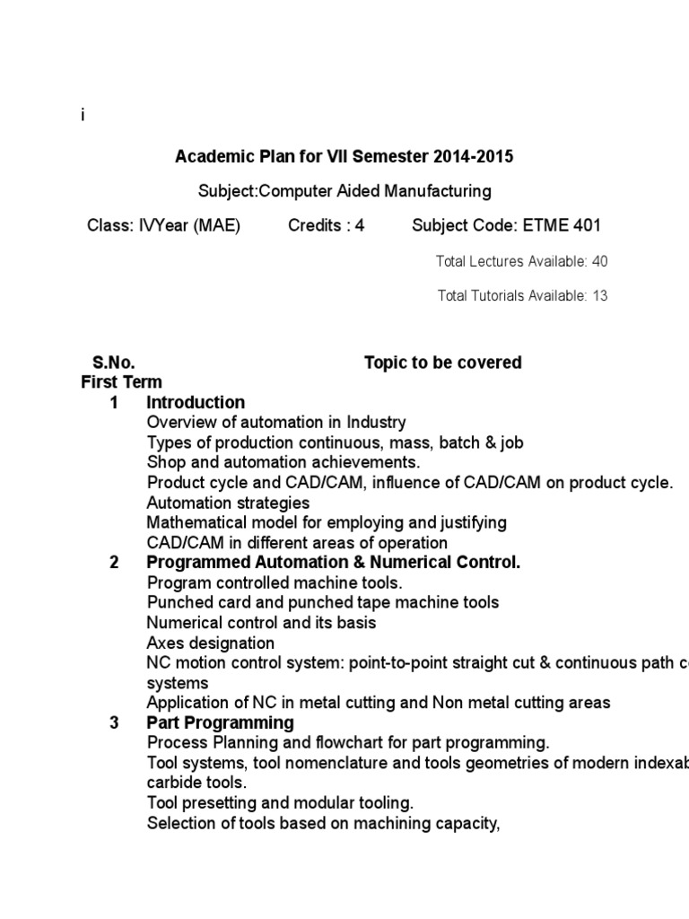 Academic Plan For VII Semester 2014-2015: Total Lectures Available: 40 ...