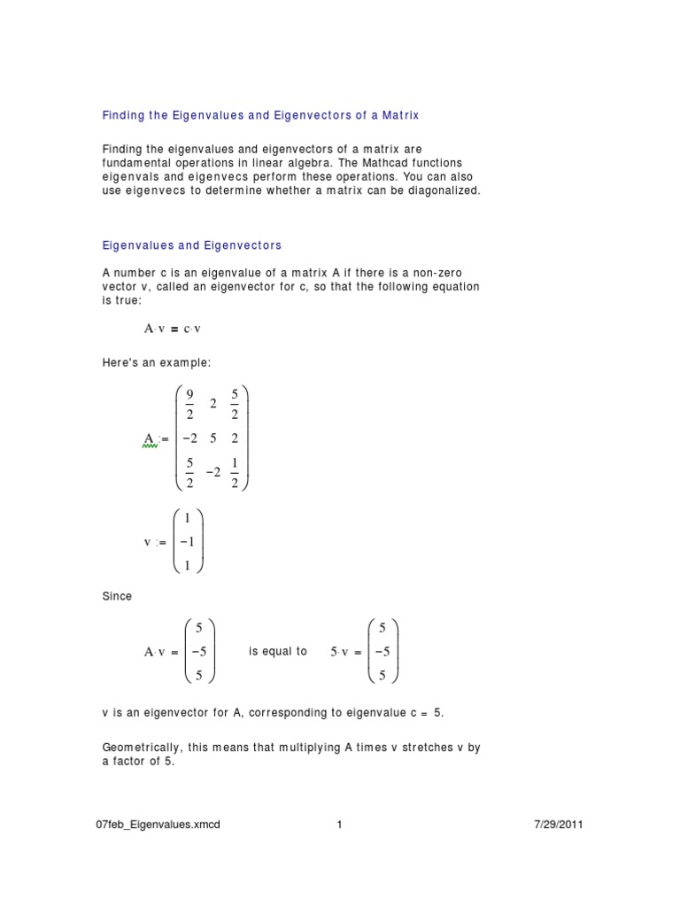Eigenvalues and Eigenvectors in Mathcad | PDF | Eigenvalues And Eigenvectors | Matrix (Mathematics)