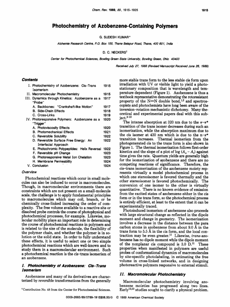 Photochemistry of Azobenzene-Containing Polymers | PDF | Photochemistry ...