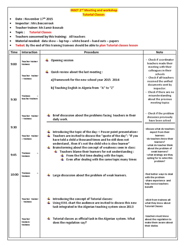 Inset Tutorial Classes 2nd Meeting and Workshop | PDF | Lesson Plan ...