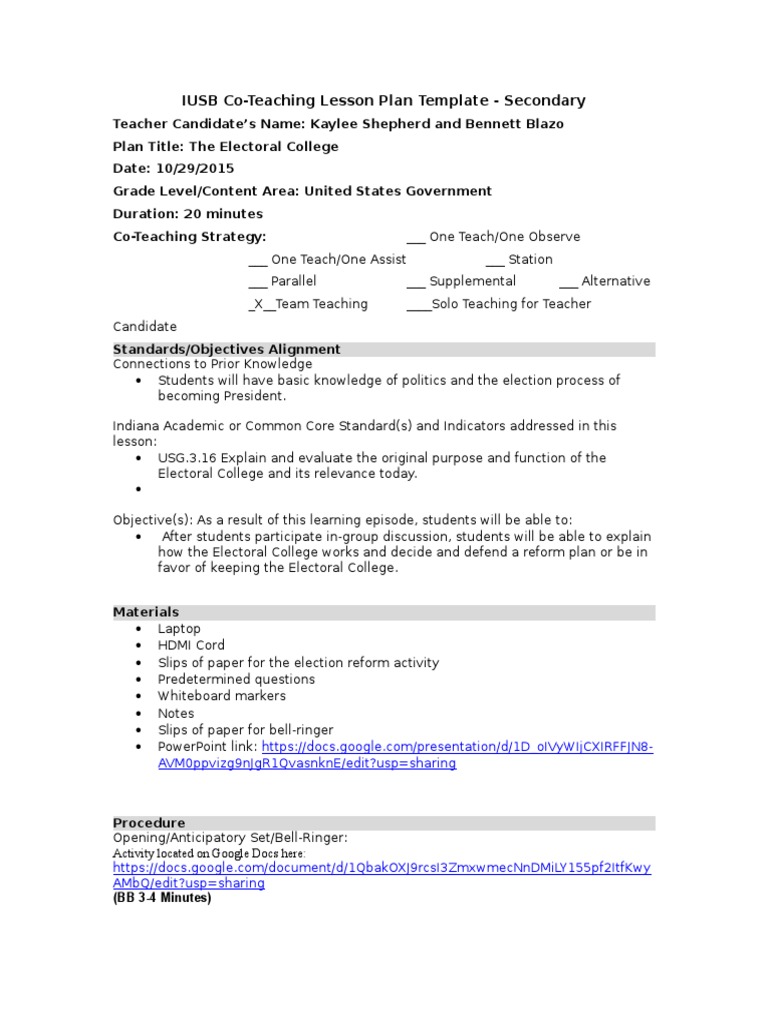 Electoral College Co-Teaching Plan | PDF | Electoral College (United ...