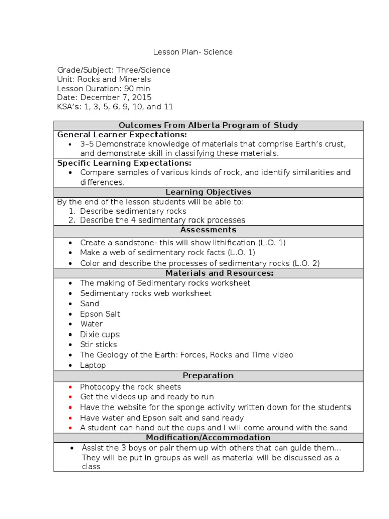 Science Lesson Plan - Sedimentary Rocks | PDF | Sedimentary Rock | Rock ...