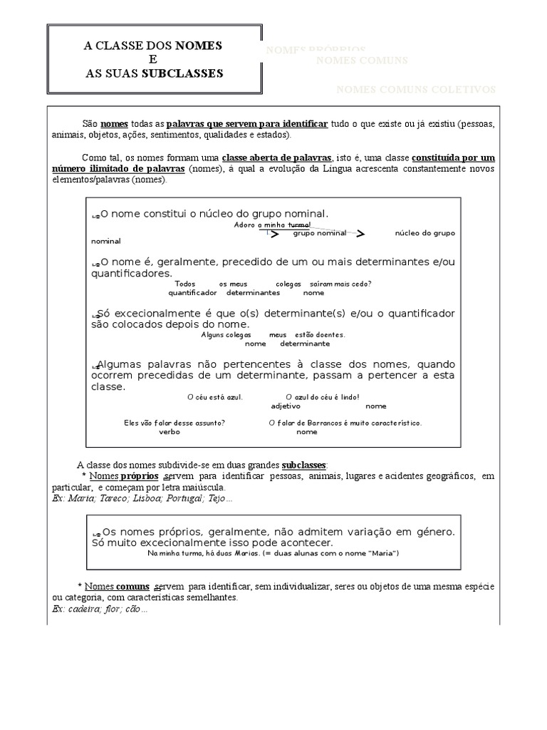 Classe e Subclasses dos Nomes | PDF | Plural | Cães