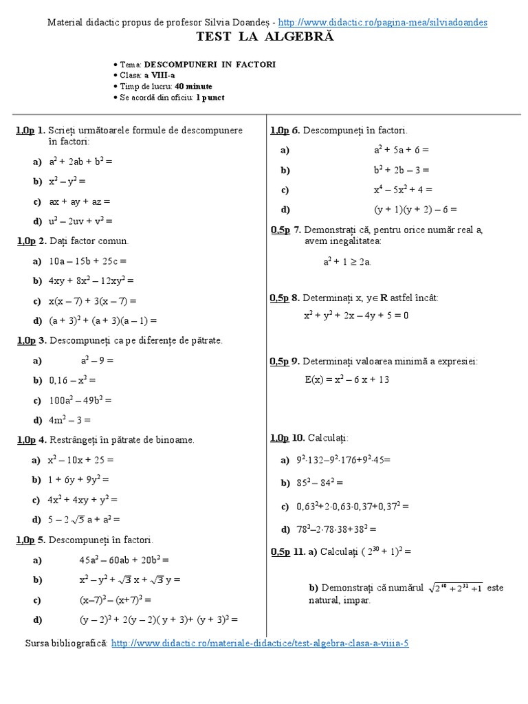 Test - Algebra Clasa A Viii-A | PDF