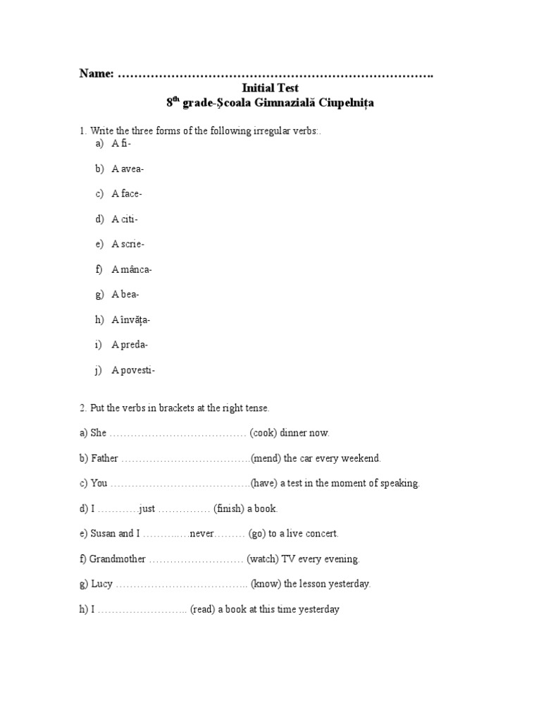 8th Grade Irregular Verbs Test | PDF | Language Arts & Discipline | Art