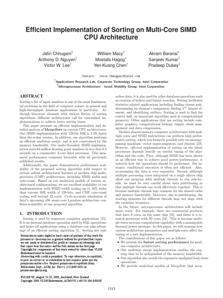 Efficient Implementation of Sorting On Multi-Core SIMD CPU Architecture | PDF | Multi Core ...