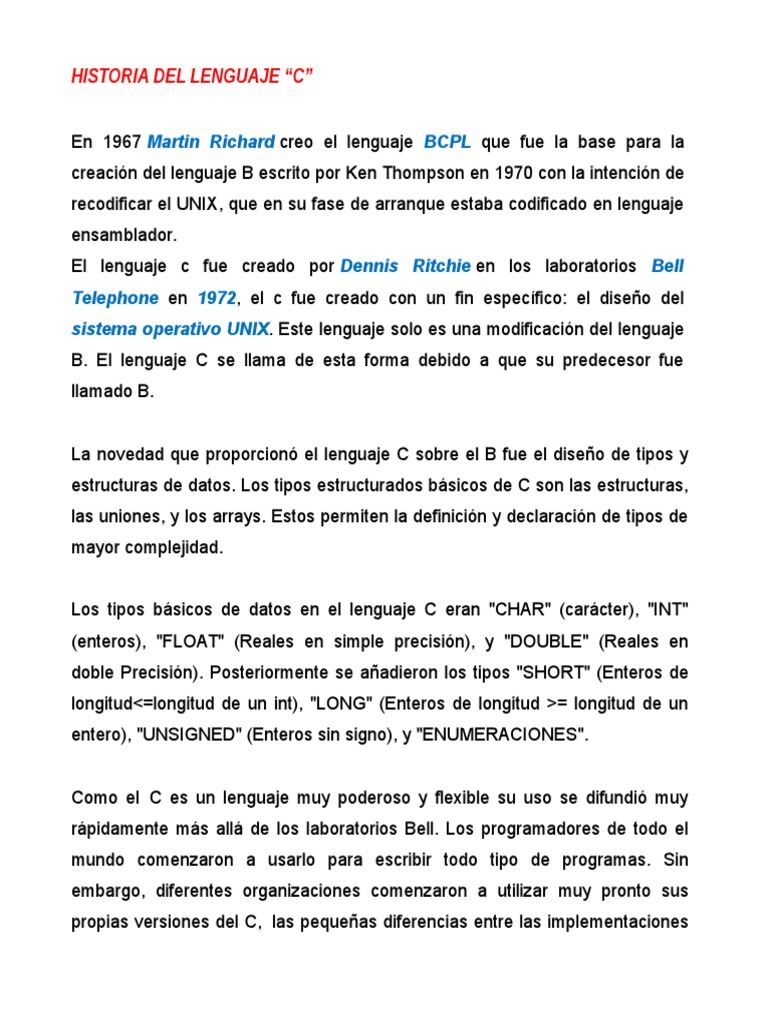 Historia Del Lenguaje C | PDF | C ++ | Lenguaje de programación
