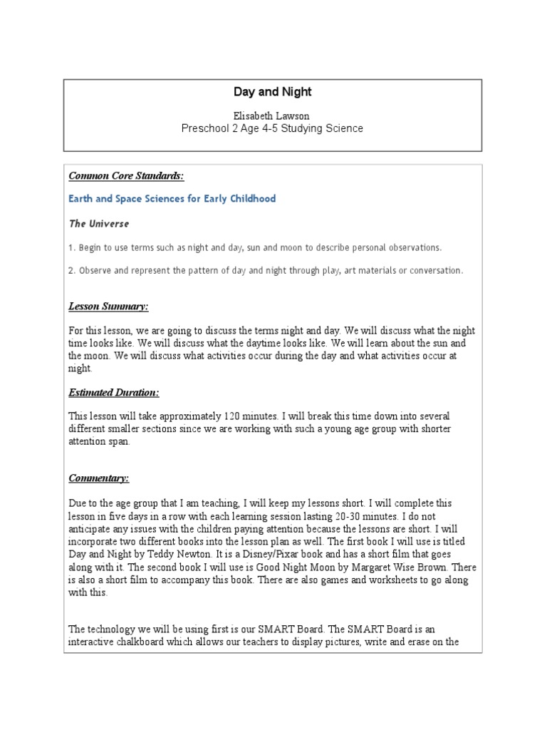 Day and Night Lesson Plan for Preschool | PDF | Educational Assessment ...