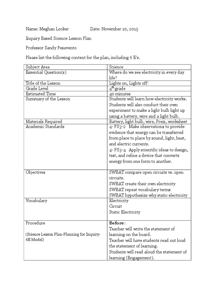 Science Inquiry Lesson Plan | PDF | Electricity | Educational Technology