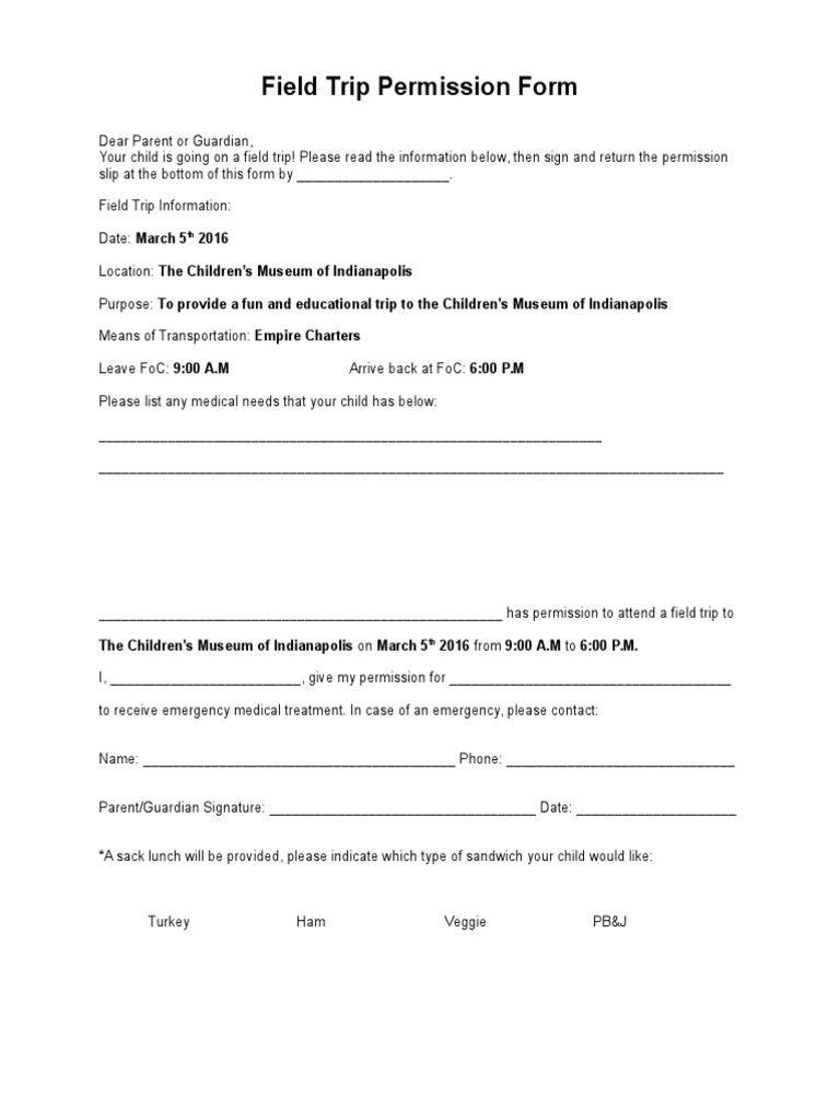 Field Trip Permission Form Template | PDF
