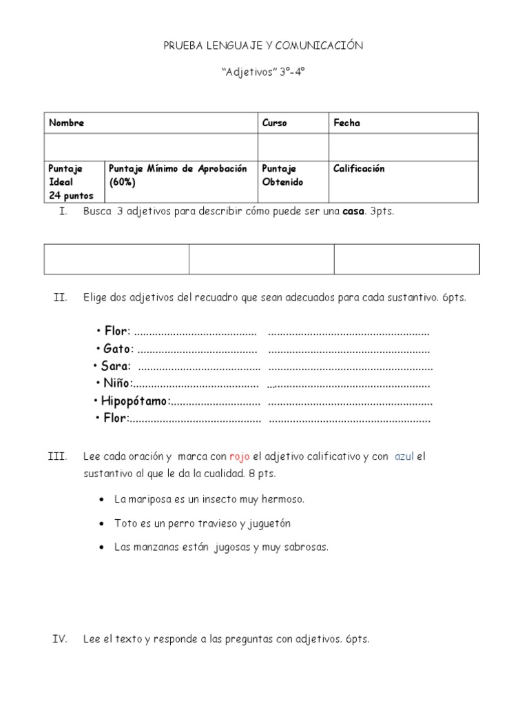 Prueba Adjetivos - 3°-4° | PDF