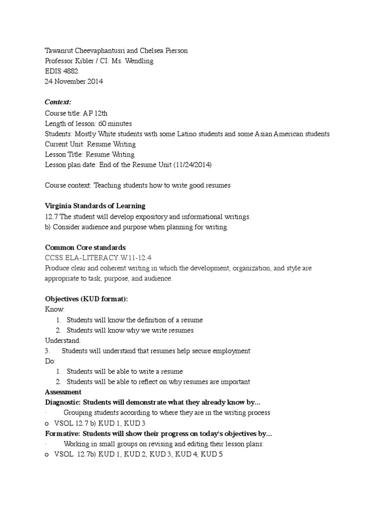 Resume Lesson Plan | PDF | Lesson Plan | Pedagogy