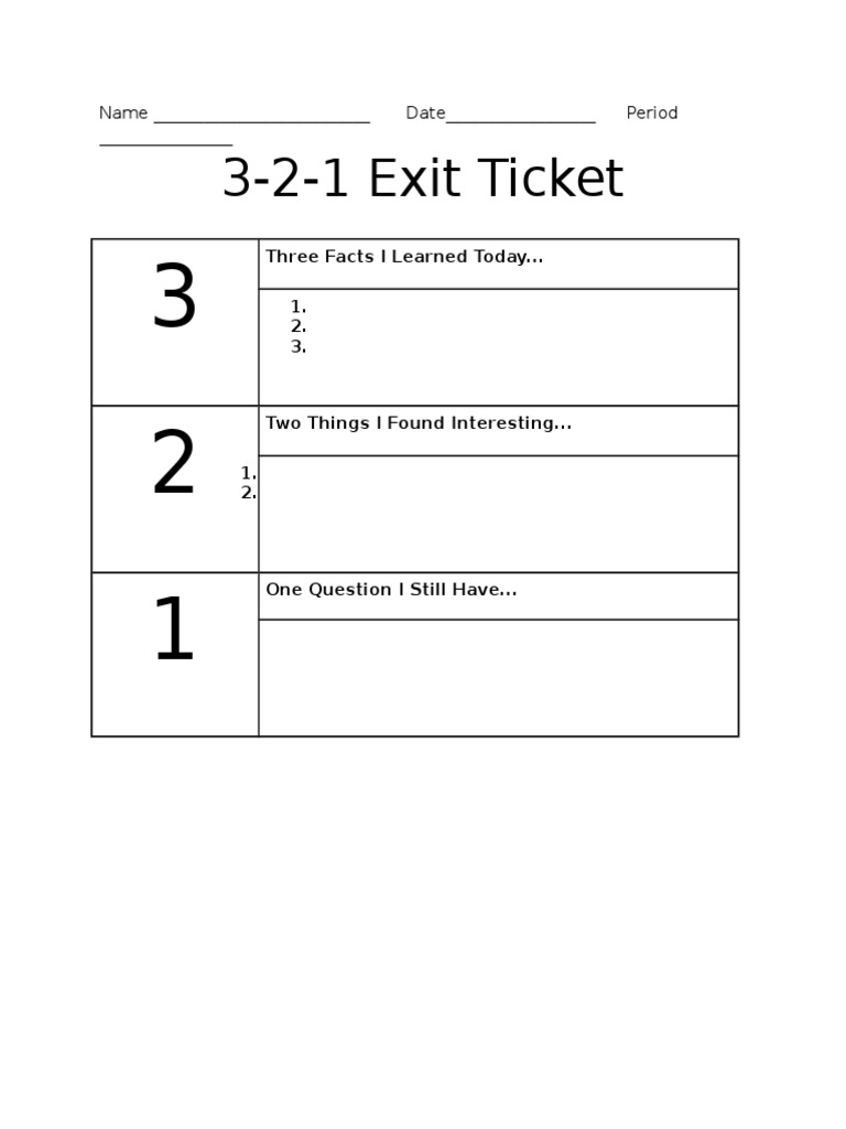 3-2-1 Exit Ticket Template | PDF