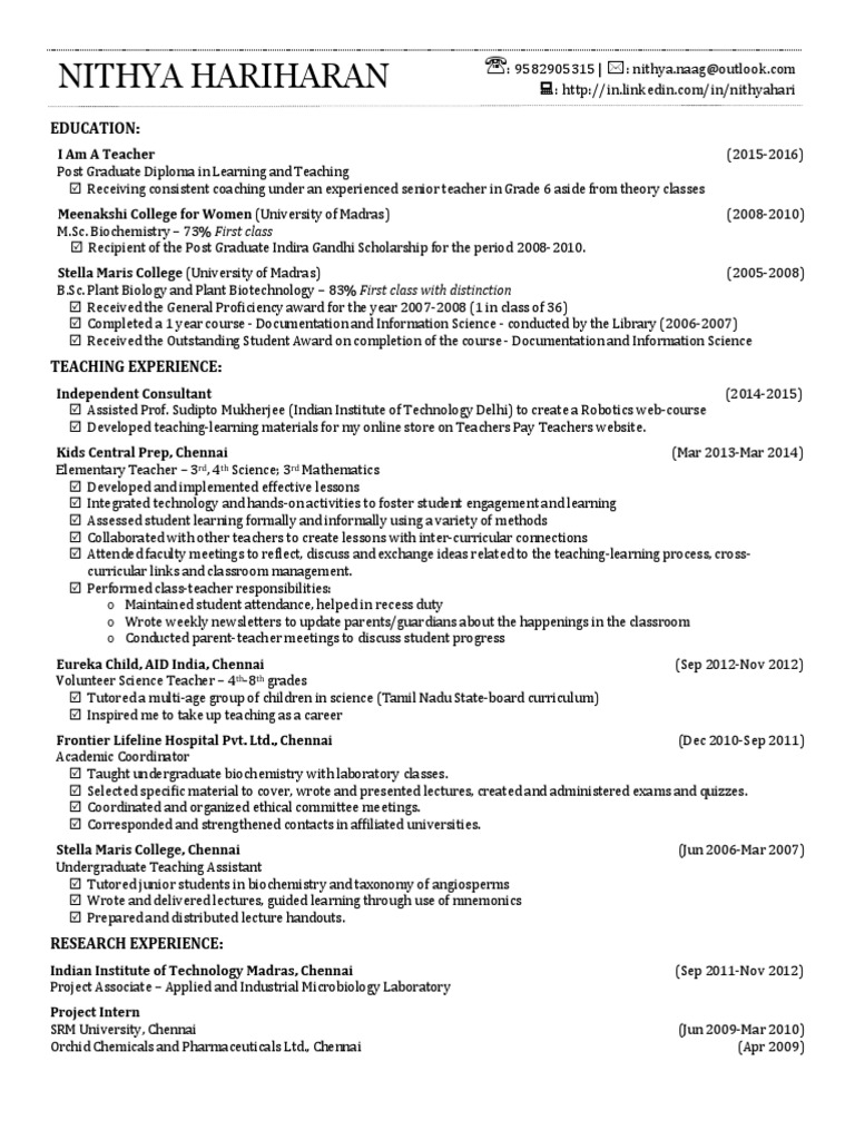 Nithya Resume | PDF | Teachers | Postgraduate Education