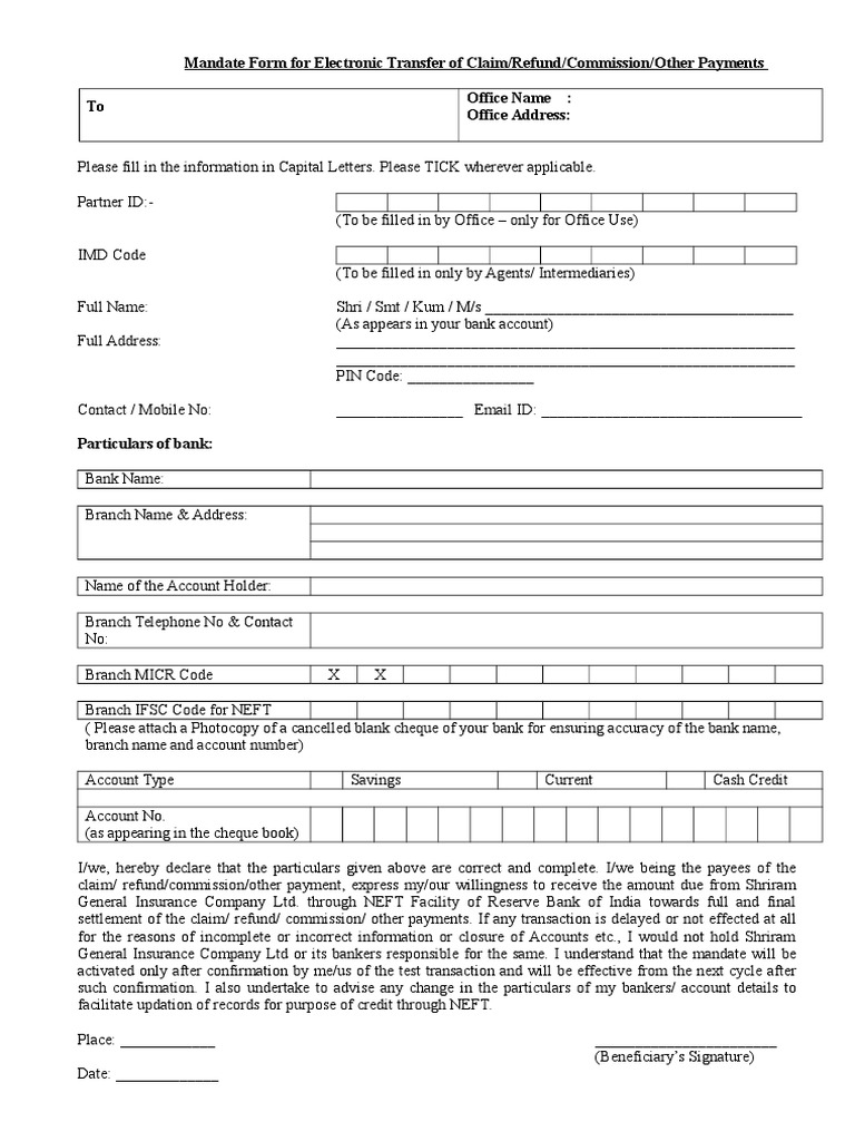 Mandate Form For Electronic Transfer of Claim/Refund/Commission/Other ...