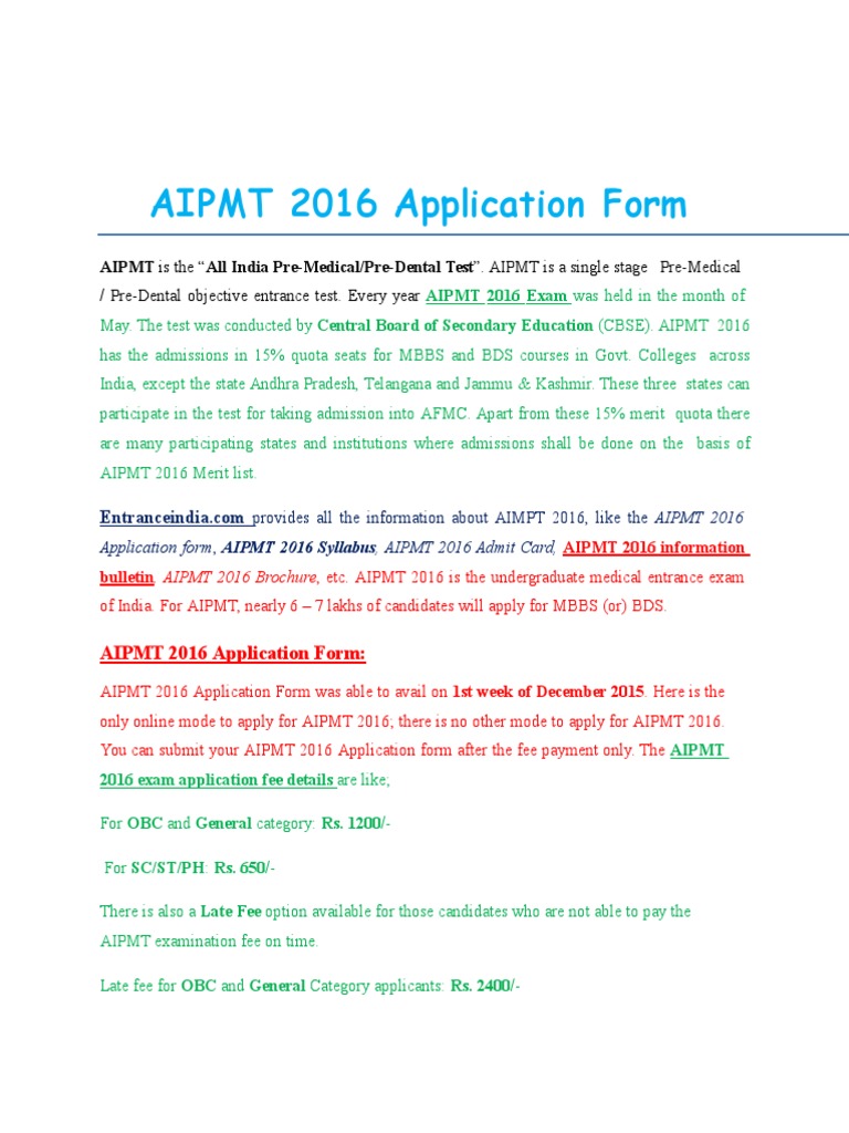 AIPMT 2016 Application Form: AIPMT Is The "All India Pre-Medical/Pre ...
