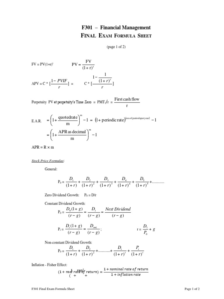 Financial Management Formula Sheet | PDF | Finance & Money Management ...