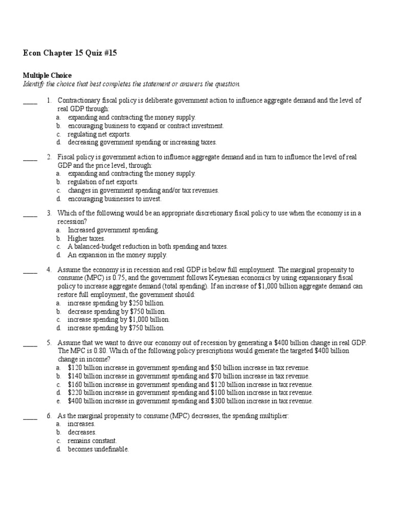 Econ Chapter 15 Quizwa | PDF | Supply Side Economics | Aggregate Demand