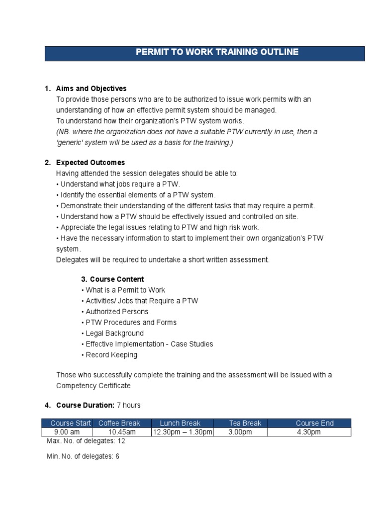 Permit to Work Training Outline | PDF