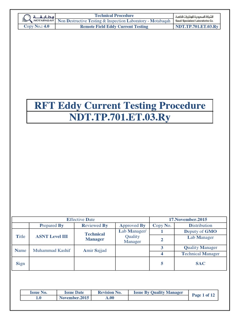Eddy Current (RFT) Procedure | PDF | Nondestructive Testing | Vacuum Tube