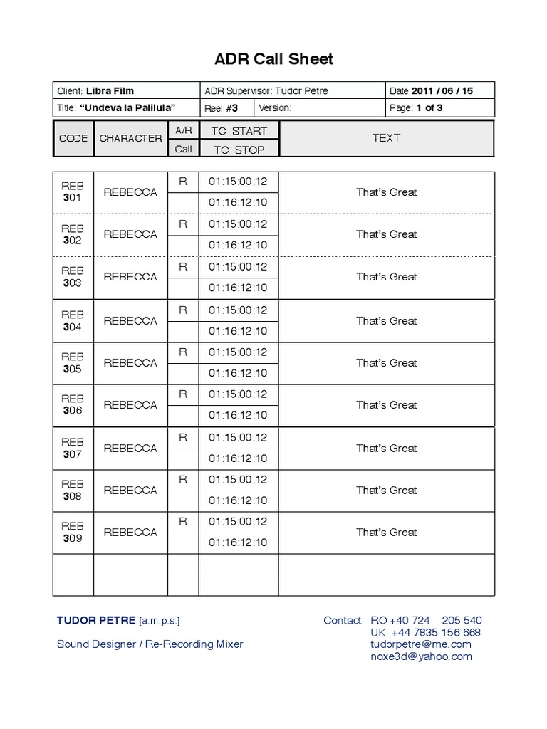 ADR Call Sheet Matrix | PDF