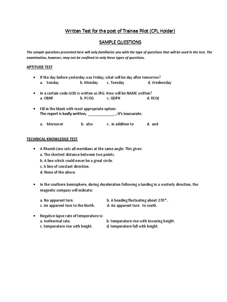 Trainee Pilot Written Test Sample Questions | PDF | Technology ...