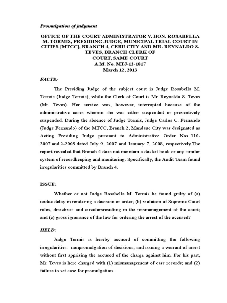 A.M. No MTJ 12 1817 Promulgation of Judgment | PDF | Arrest | Judgment ...