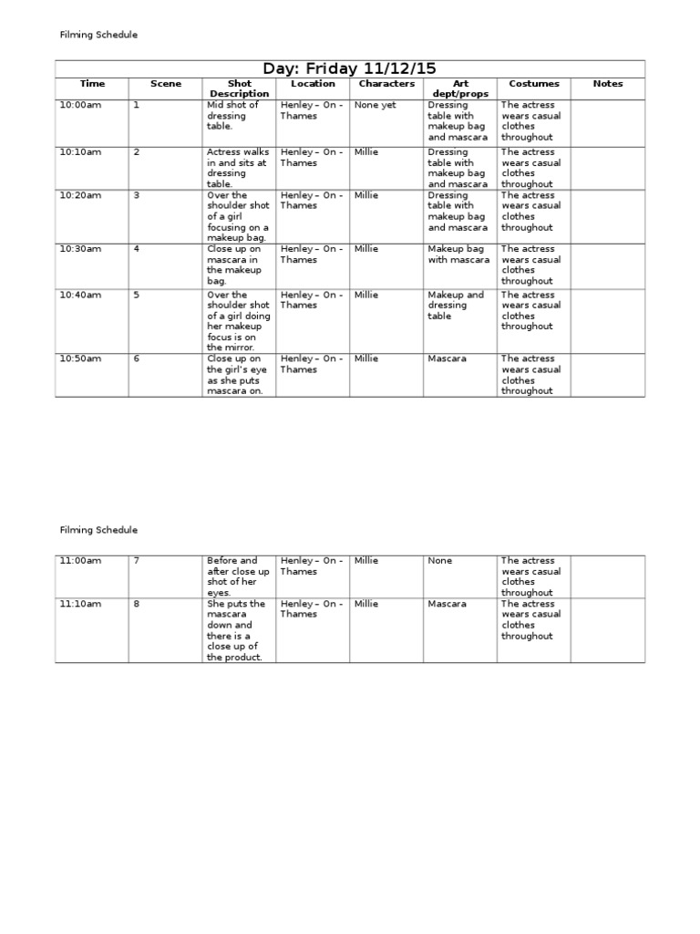 Filming Schedule | PDF