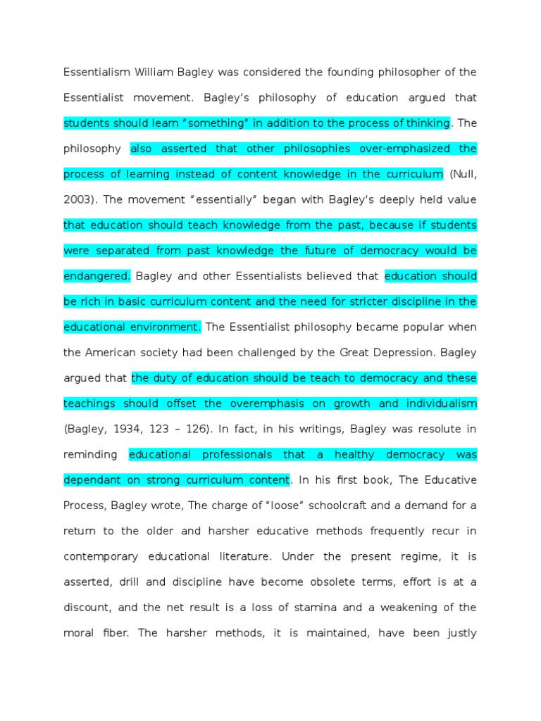 Essentialism William Bagley Was Considered the Founding Philosopher of ...