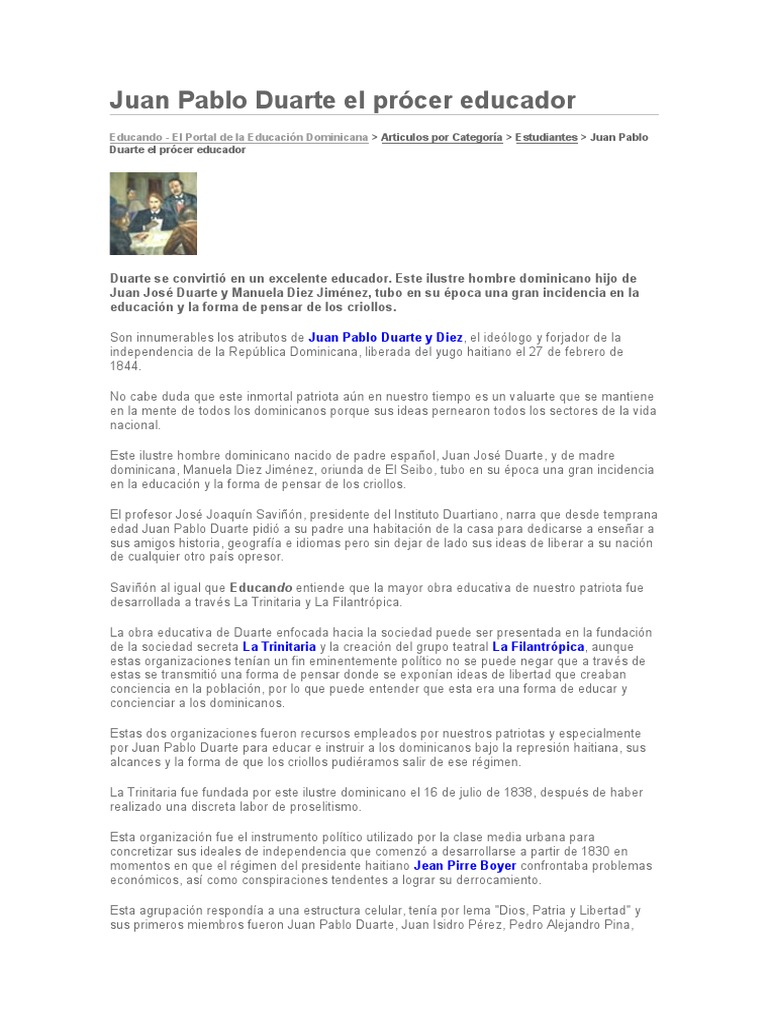 Juan Pablo Duarte El Prócer Educador | PDF | Science | Política (general)