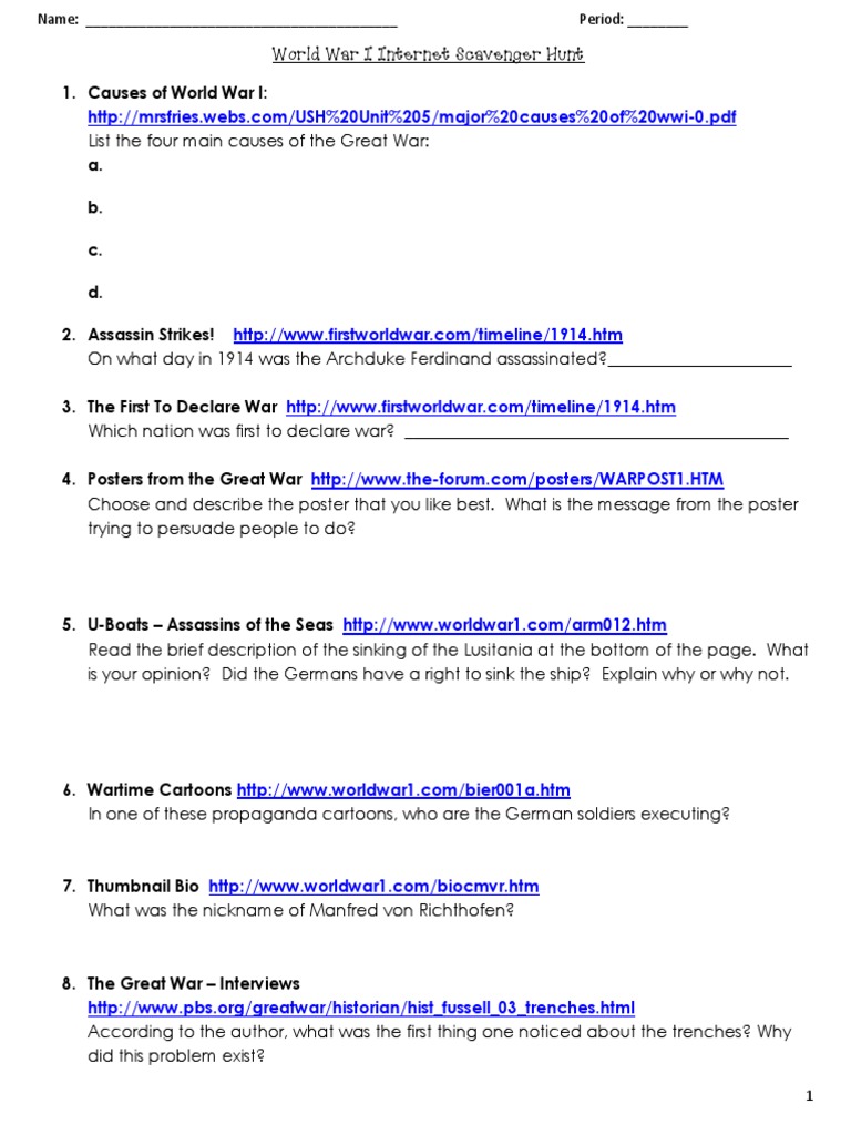World War I Internet Scavenger Hunt | PDF | World War I | Military Science